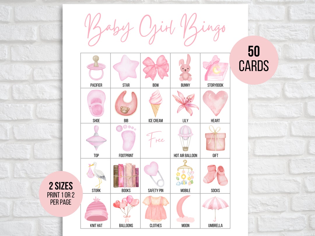 Baby Girl Bingo, 50 Baby Shower Bingo Cards, Baby Girl Shower Printable ...