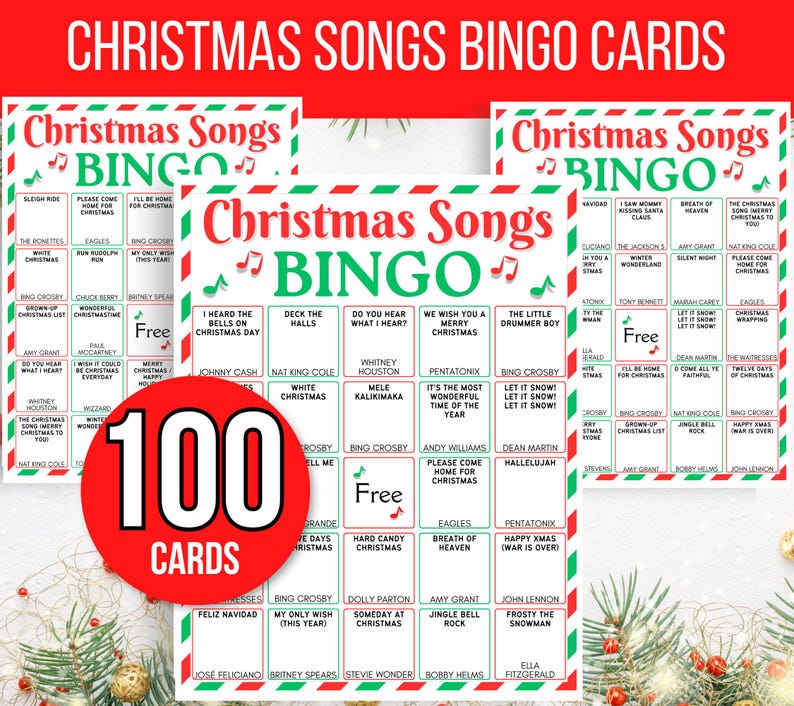 Christmas Songs Bingo, 100 Printable Christmas Songs Bingo Cards ...
