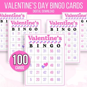 Valentine's Bingo, 100 Valentine's Day Bingo Cards, Valentine's Carte ...