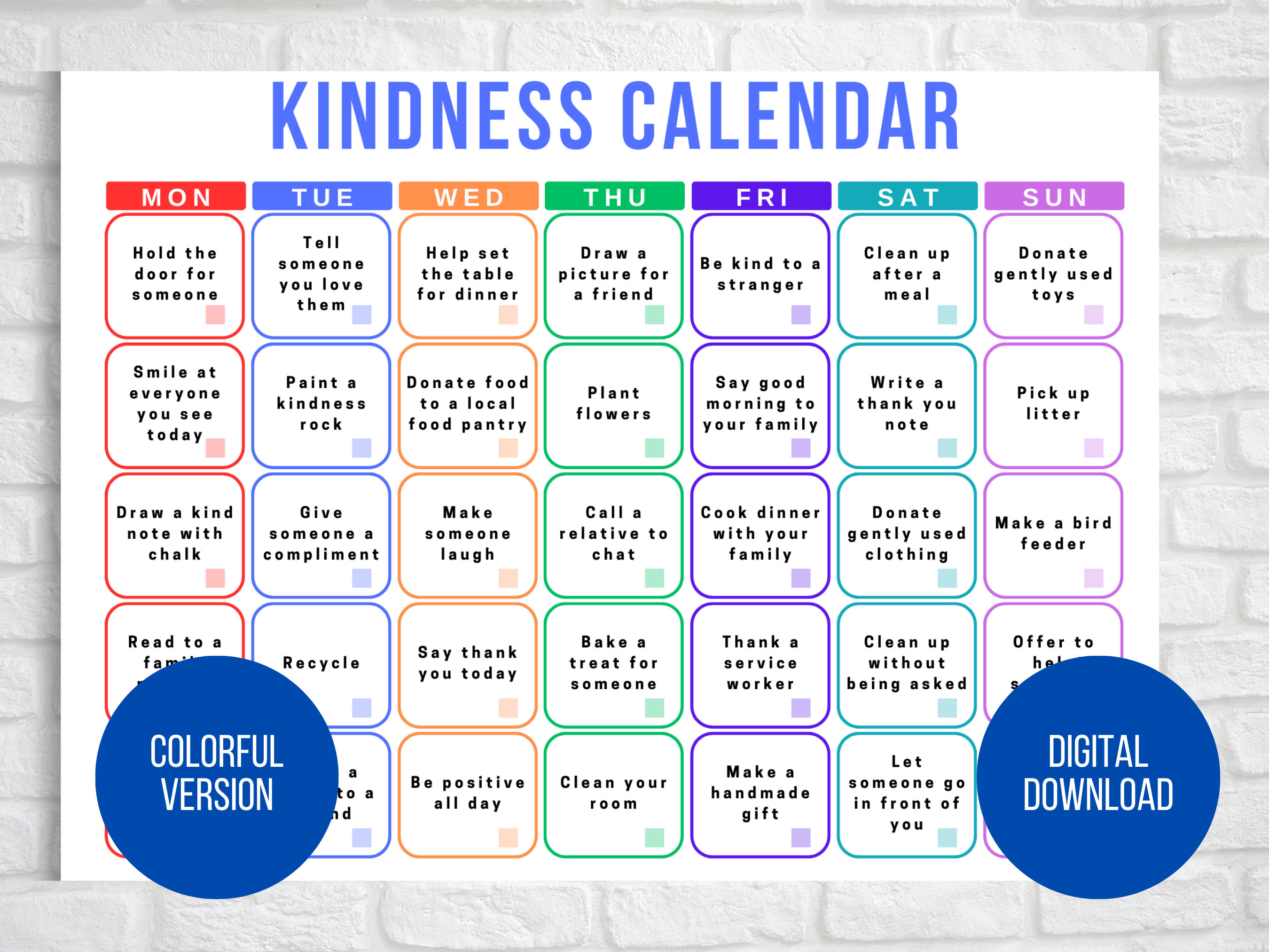 Kindness Calendar, Acts of Kindness Calendar, Kid's Kindness Challenge ...