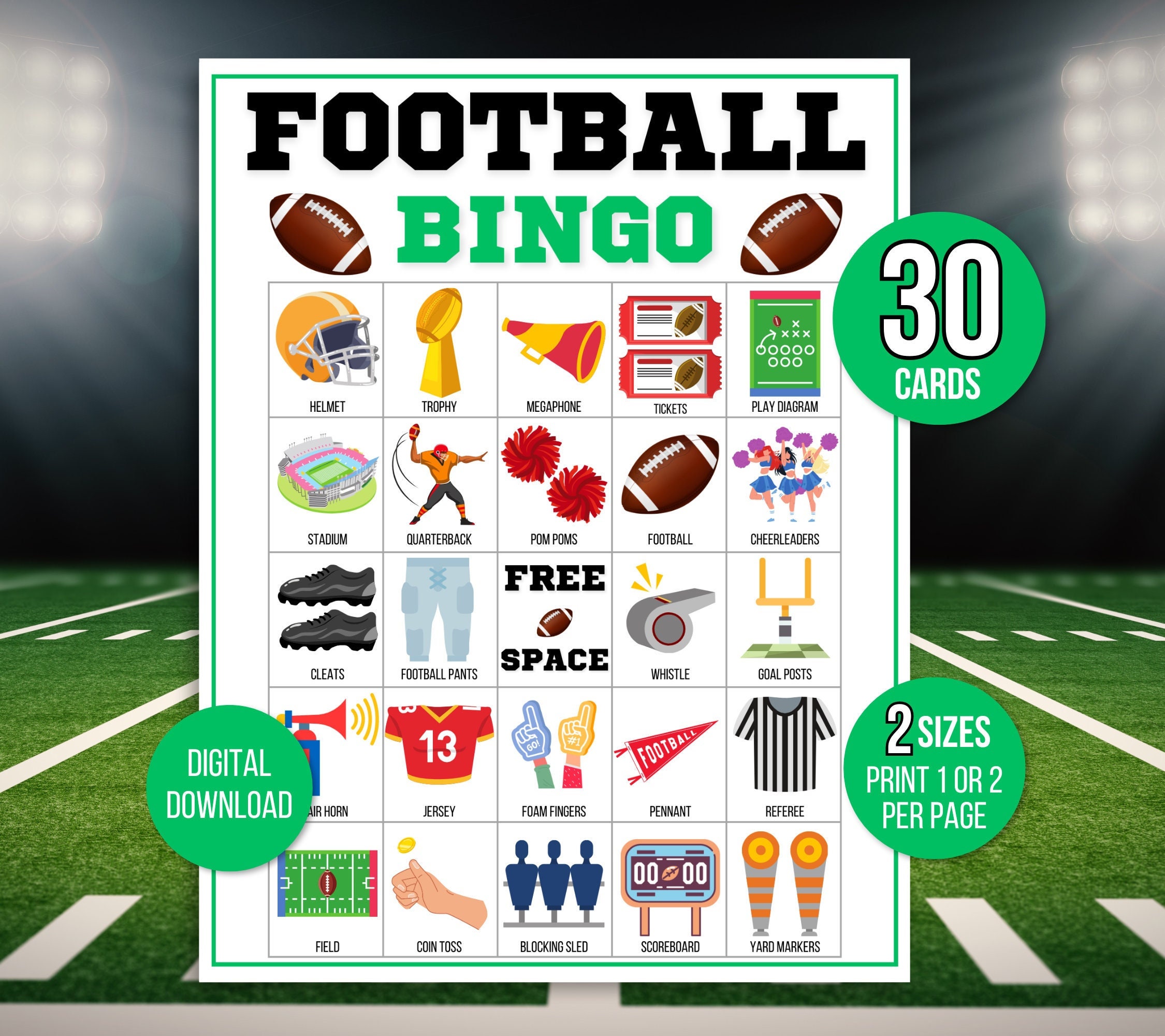 Football Bingo, 30 Unique Printable Football Bingo Cards, Football Game ...