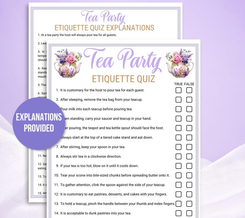 Tea Party Etiquette Game, Tea Party Quiz, Tea Etiquette Game, Tea Party ...