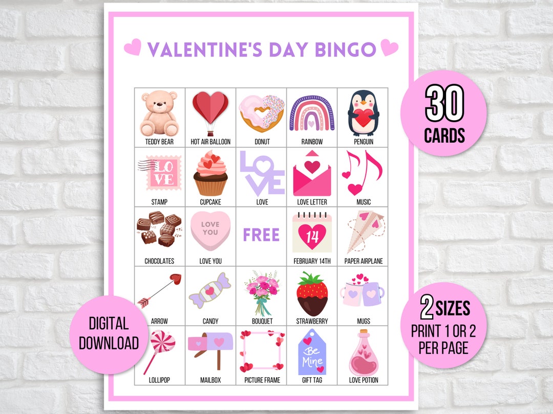 Valentine's Day Bingo, 30 Valentine's Day Bingo Cards, Valentine's Day ...