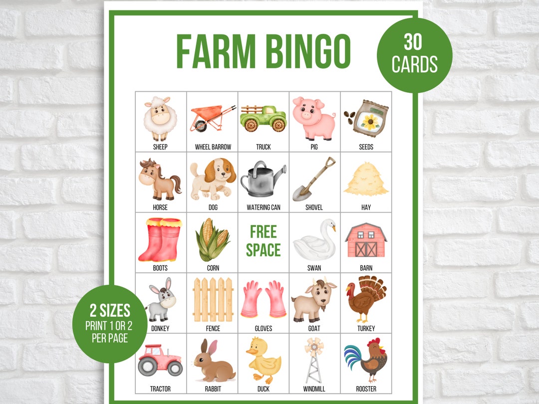 Farm Bingo, 30 Printable Farm Bingo Cards, Barnyard Bingo, Barnyard ...