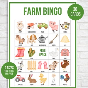 Farm Bingo, 30 Printable Farm Bingo Cards, Barnyard Bingo, Barnyard ...