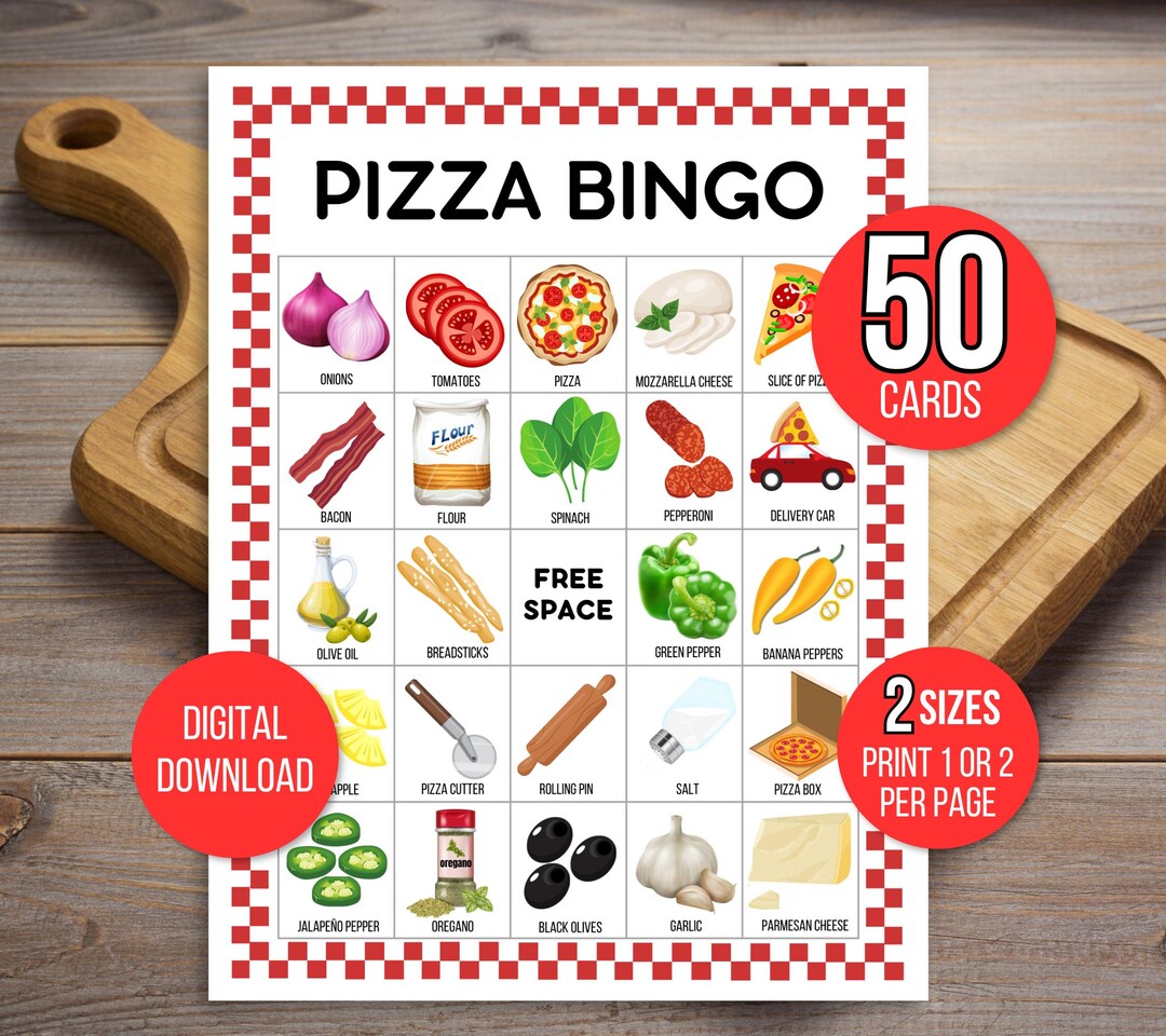 Pizza Bingo, Pizza Party Bingo, 50 Printable Pizza Bingo Cards, Pizza ...