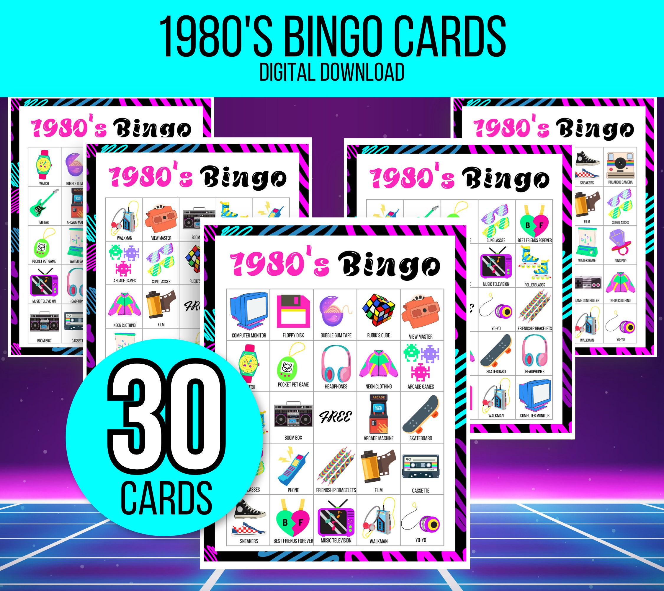 80s Bingo, 1980s Bingo, Retro Bingo, 30 Printable 1980s Bingo Cards ...