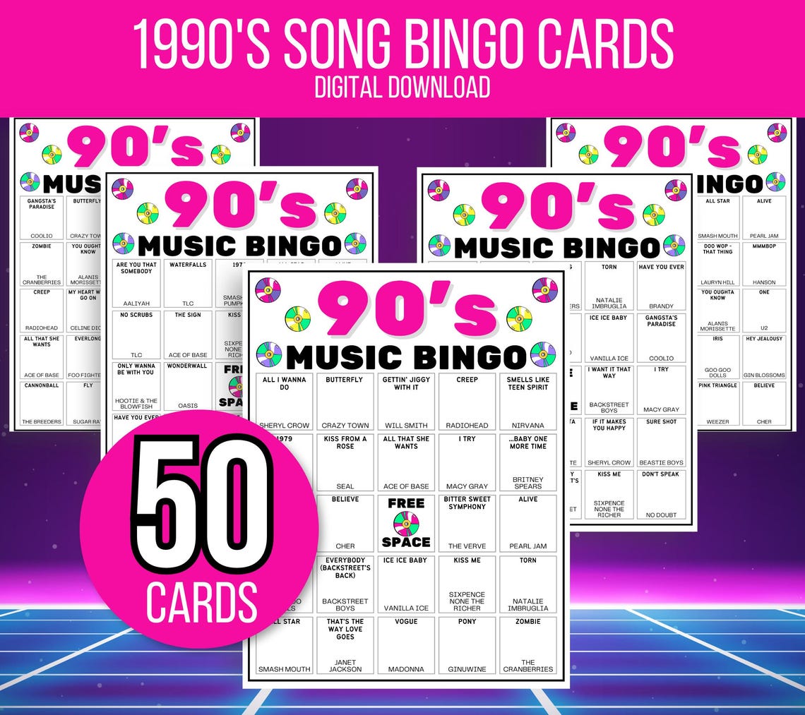 90s Bingo, 90s Song Bingo, 90s Music Bingo, 90s Retro Bingo, 50 ...