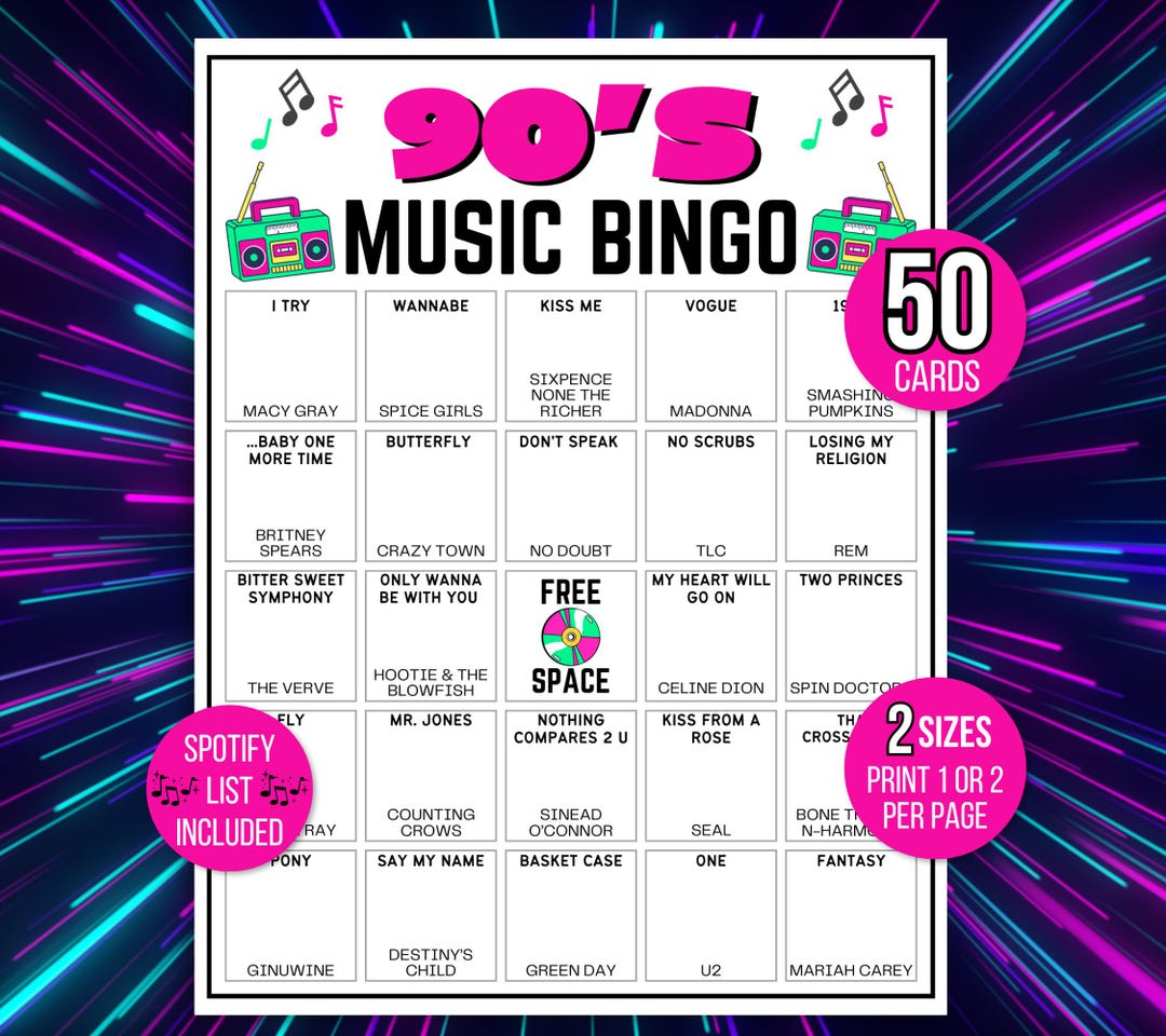 90s Bingo, 90s Song Bingo, 90s Songs Music Bingo, 90s Retro Bingo, 50 ...