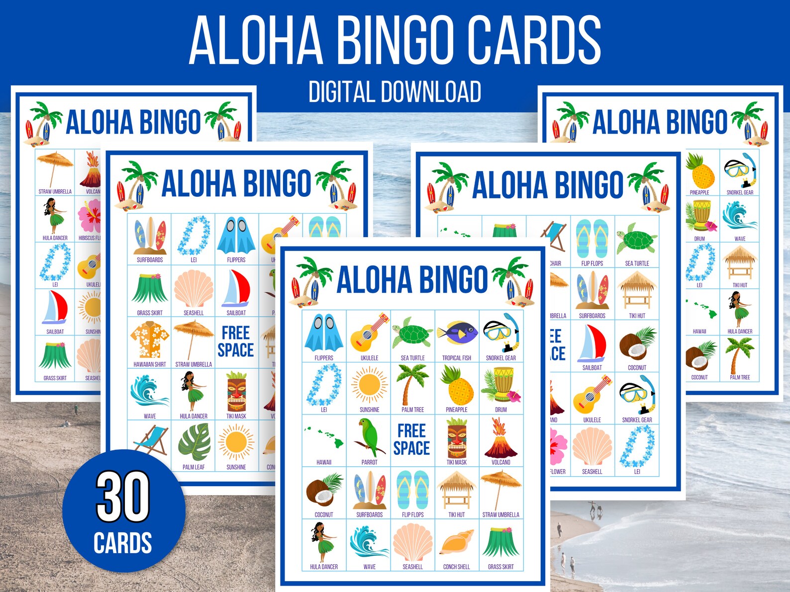 Aloha Bingo, Luau Bingo, Hawaiian Bingo, 30 Printable Luau Bingo Cards ...