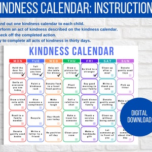 Kindness Calendar, Acts of Kindness Calendar, Kid's Kindness Challenge ...