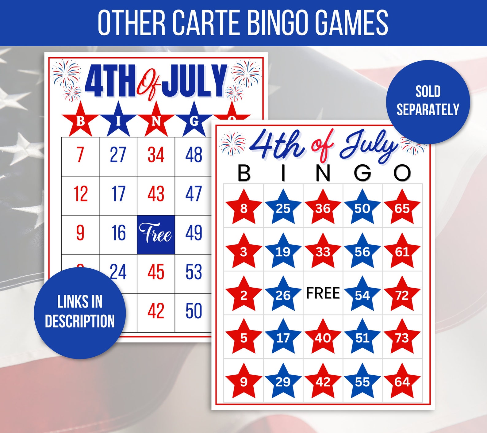 4th of July Bingo, 40 Fourth of July Bingo Cards, Patriotic Bingo ...