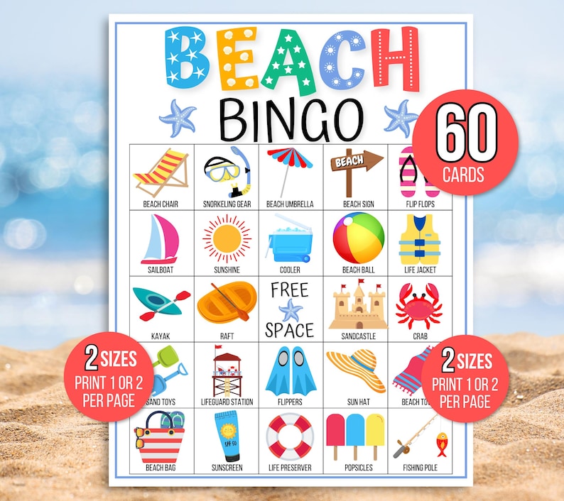 Beach Bingo, 60 Printable Beach Bingo Cards, Summer Bingo, Fun in the ...