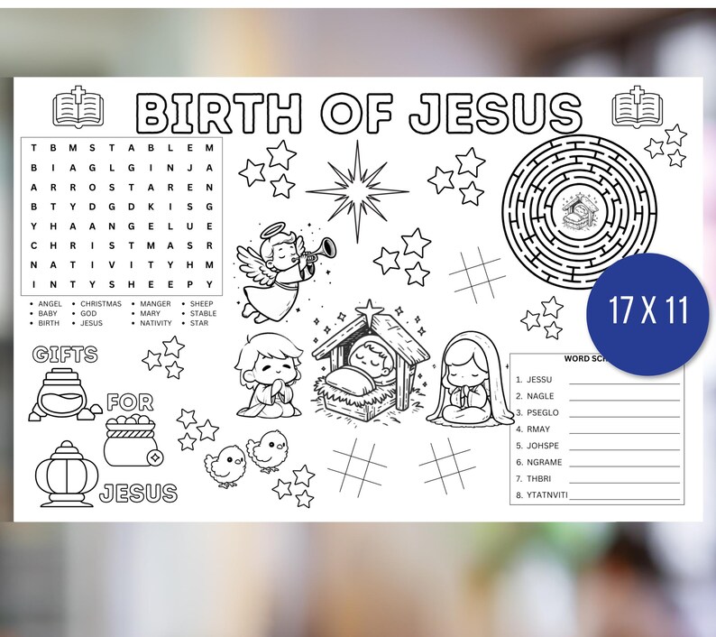 Nativity Activity Placemat, Nativity Coloring Page for Kids, Birth of ...