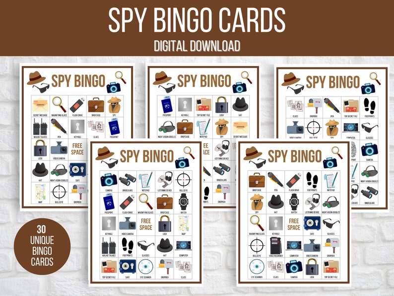 Spy Bingo 30 Printable Spy Bingo Cards Spy Party Game Spy - Etsy UK