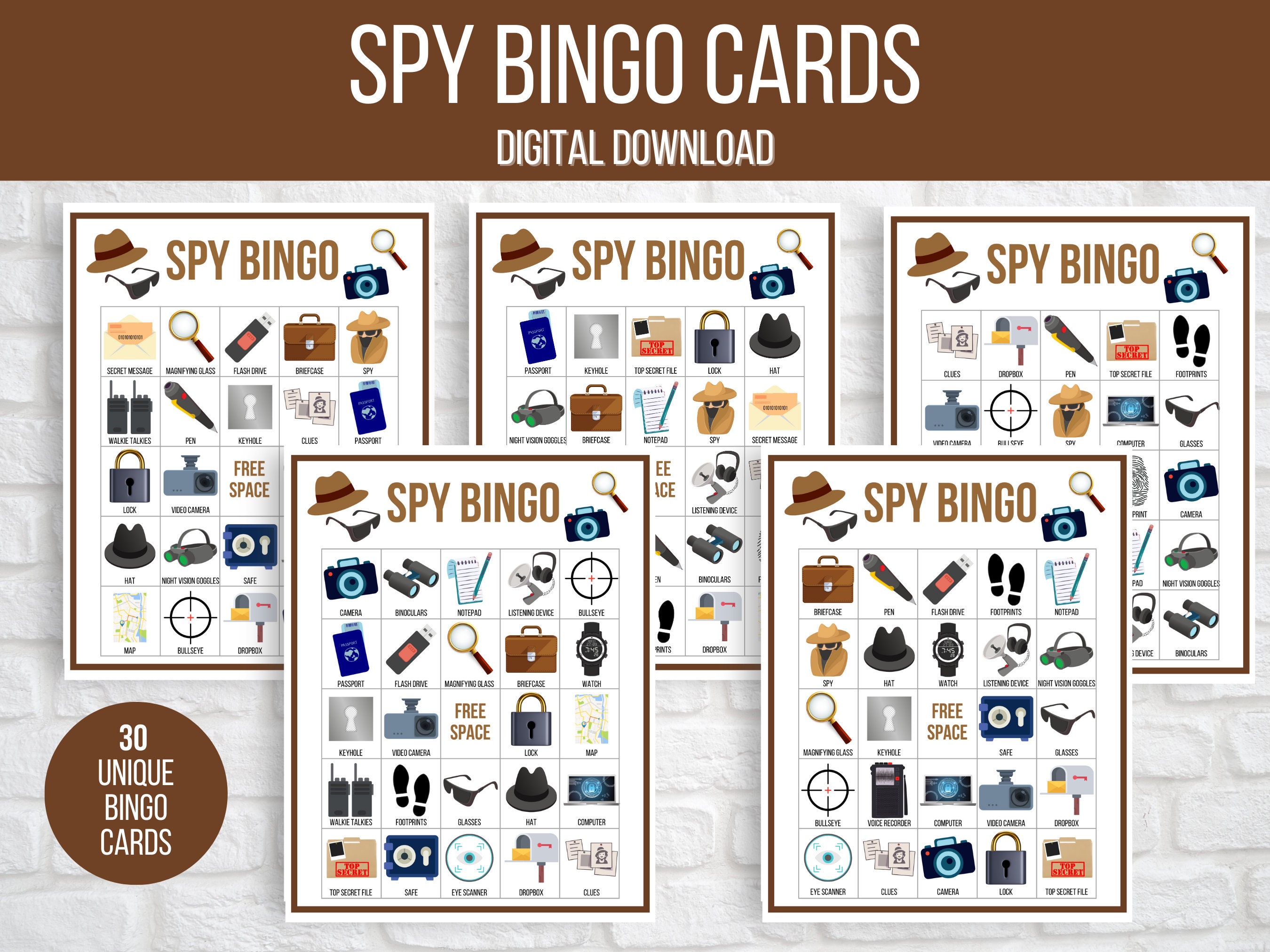 Spy Bingo 30 Printable Spy Bingo Cards Spy Party Game Spy - Etsy UK