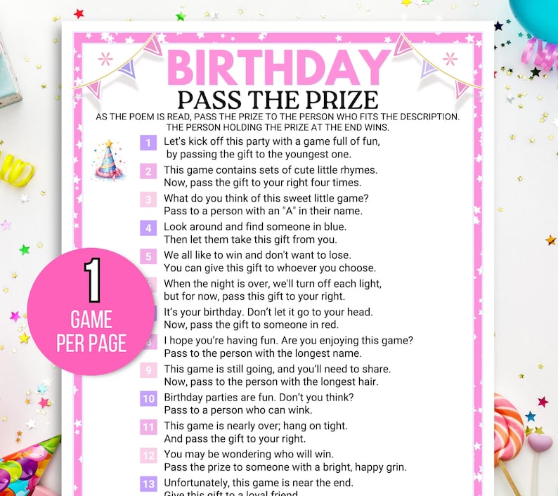 Birthday Pass the Gift Game, Girls Birthday Pass the Prize Game, Teen ...