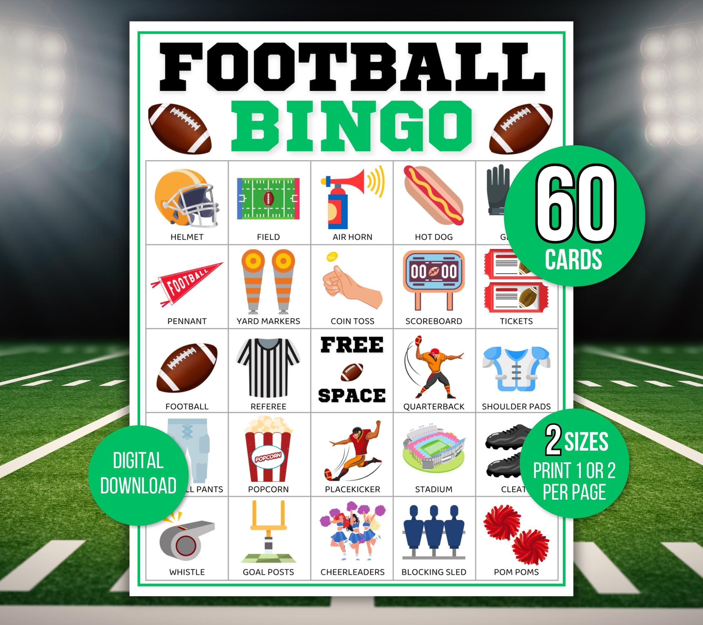 Football Bingo, 60 Unique Printable Football Bingo Cards, Football Game ...