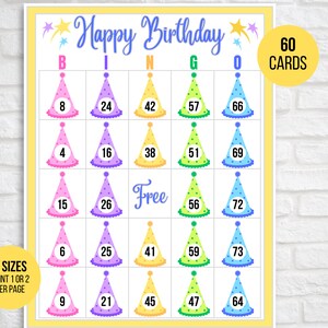 Birthday Bingo, 60 Birthday Bingo Cards, Birthday Party Game, Happy ...