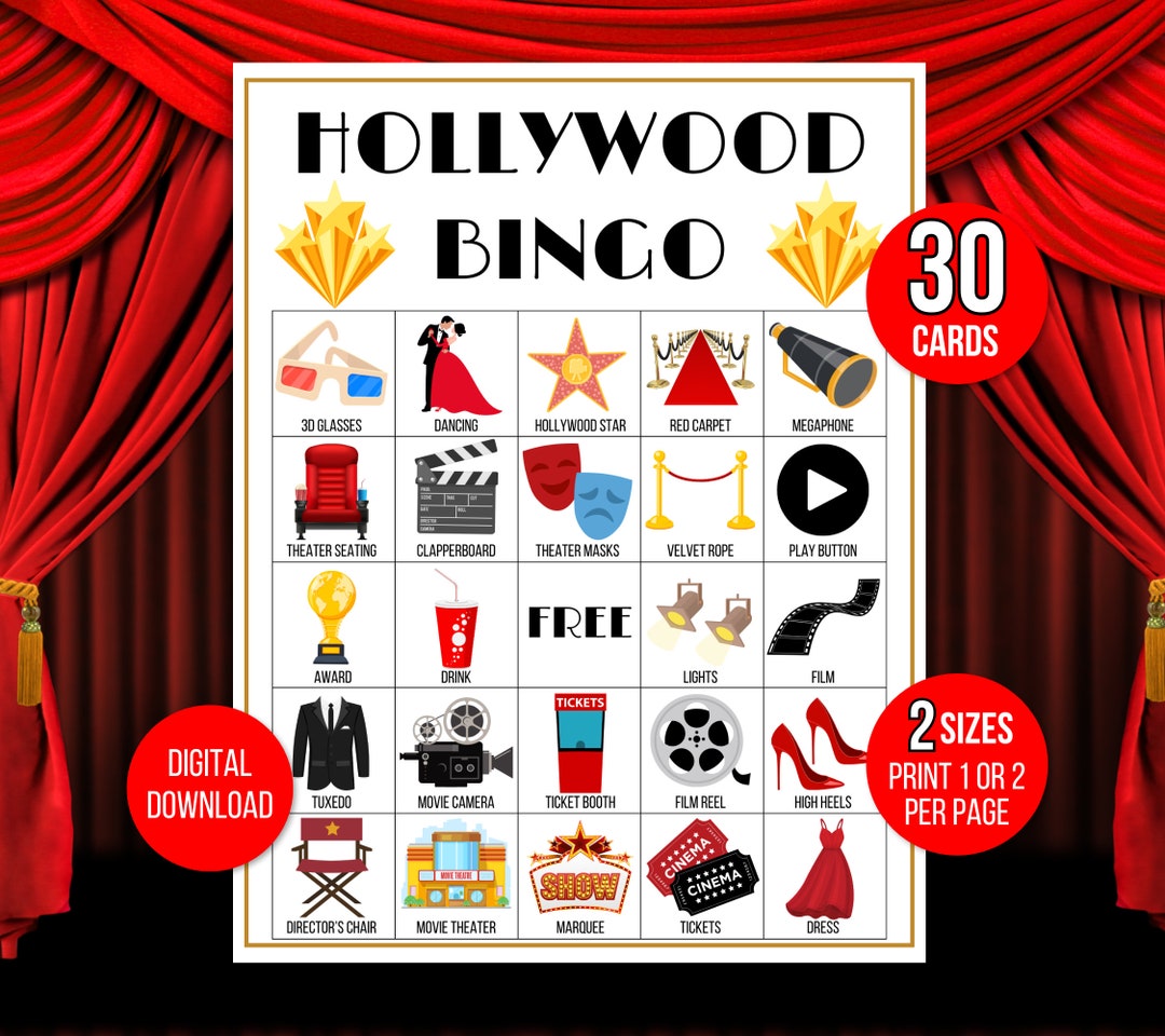 Movie Bingo, 30 Movie Bingo Cards, Hollywood Bingo, Movie Night Bingo ...