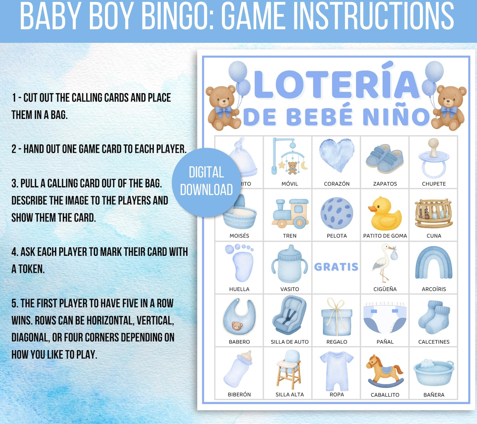Spanish Baby Boy Bingo, Lotería De Bebé Niño Shower Game, Bingo Spanish ...