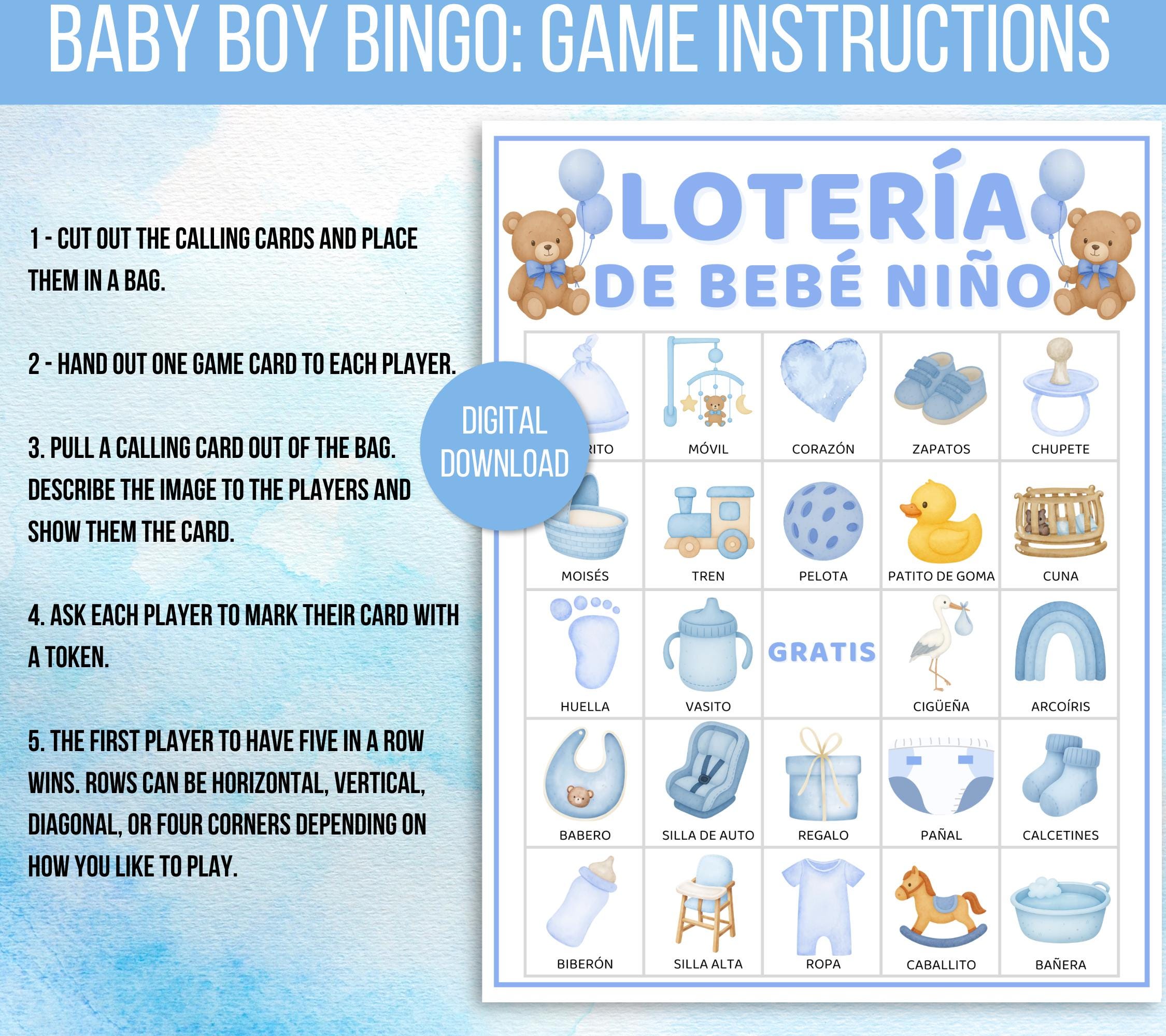 Spanish Baby Boy Bingo, Lotería De Bebé Niño Shower Game, Bingo Spanish ...