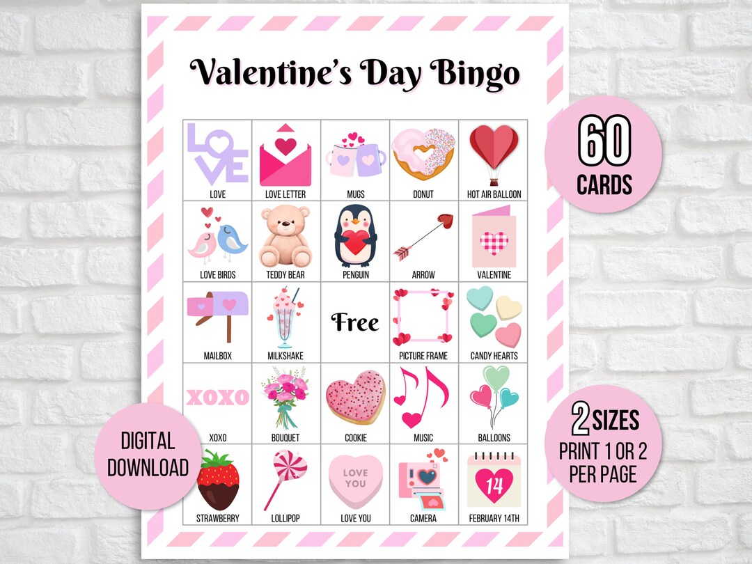 Valentine's Day Bingo, 60 Valentine's Day Bingo Cards, Valentine's Day ...