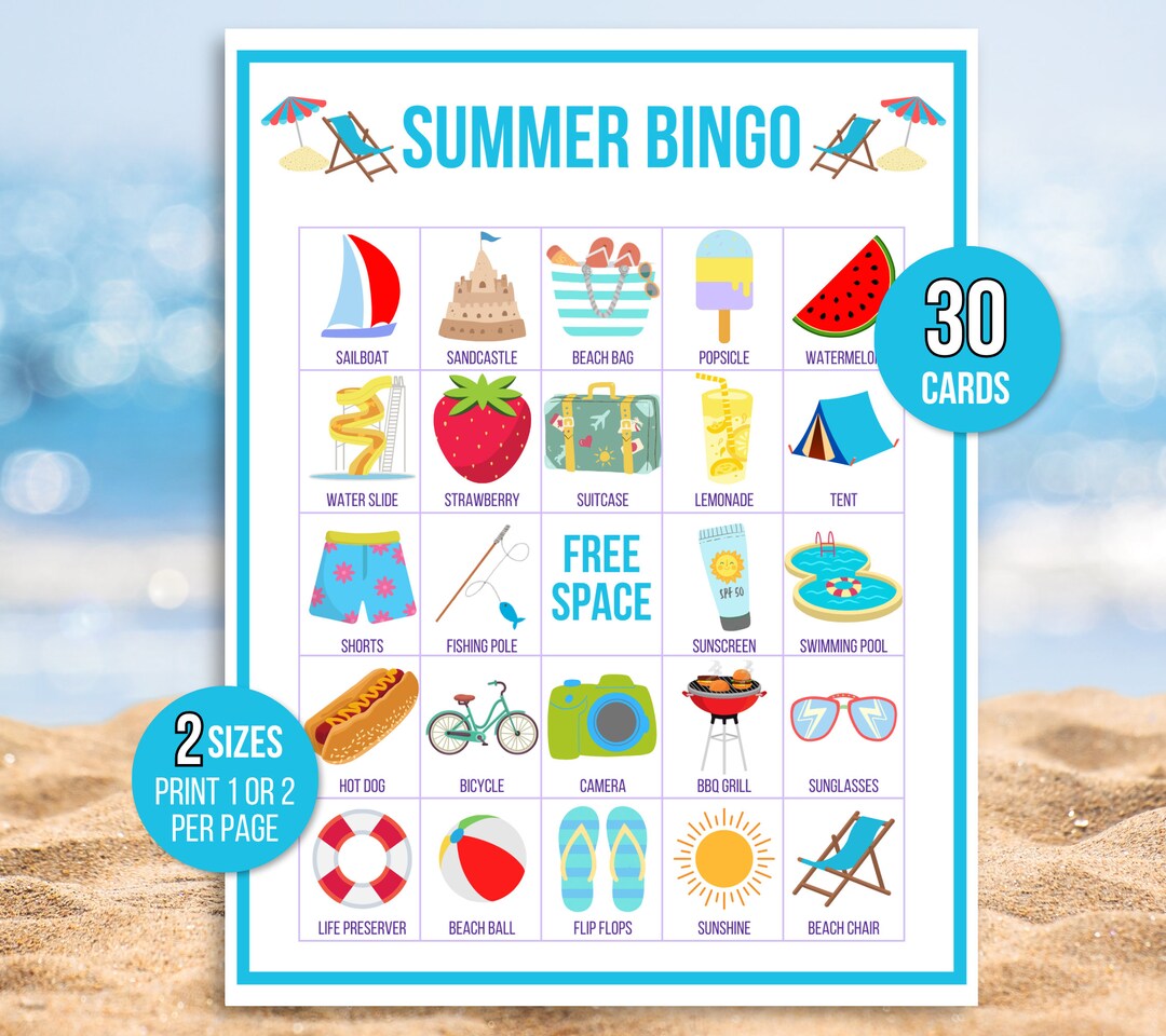 Summer Bingo, 30 Unique Printable Summer Bingo Cards, Summer Game ...