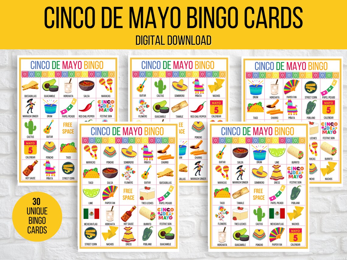 Cinco De Mayo Bingo 30 Printable Cinco De Mayo Bingo Cards - Etsy