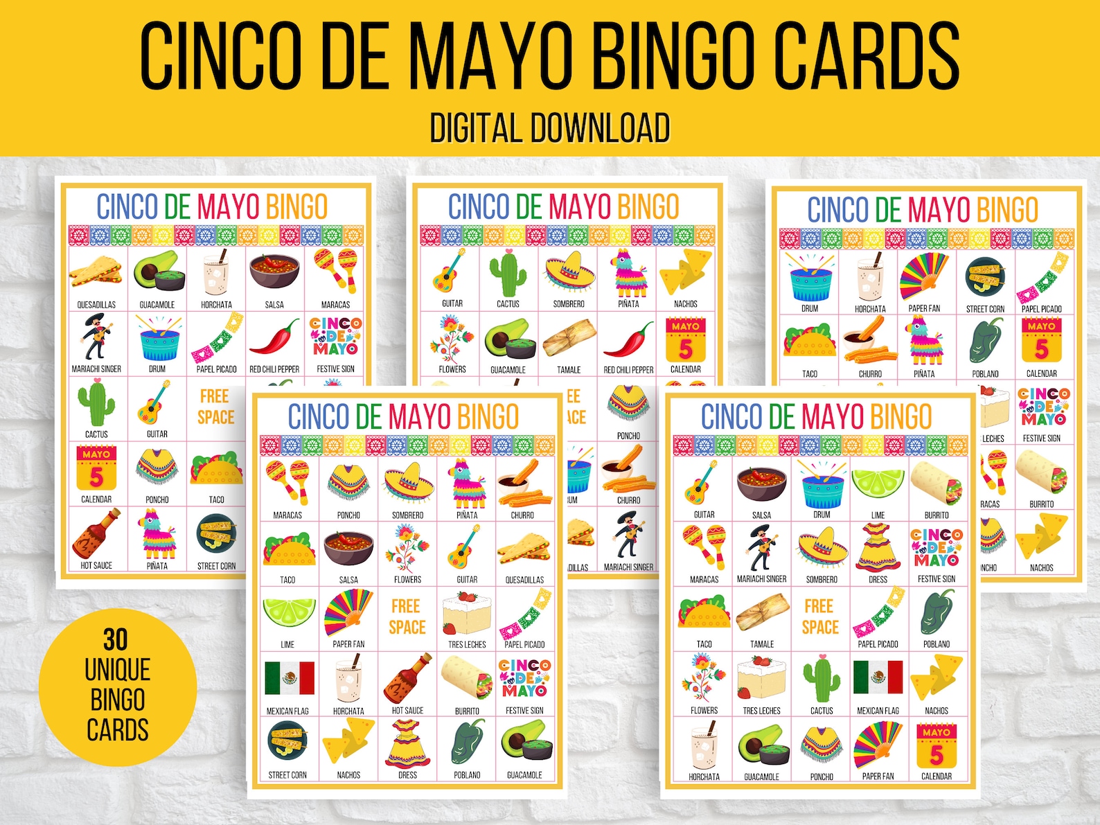 Cinco De Mayo Bingo 30 Printable Cinco De Mayo Bingo Cards - Etsy