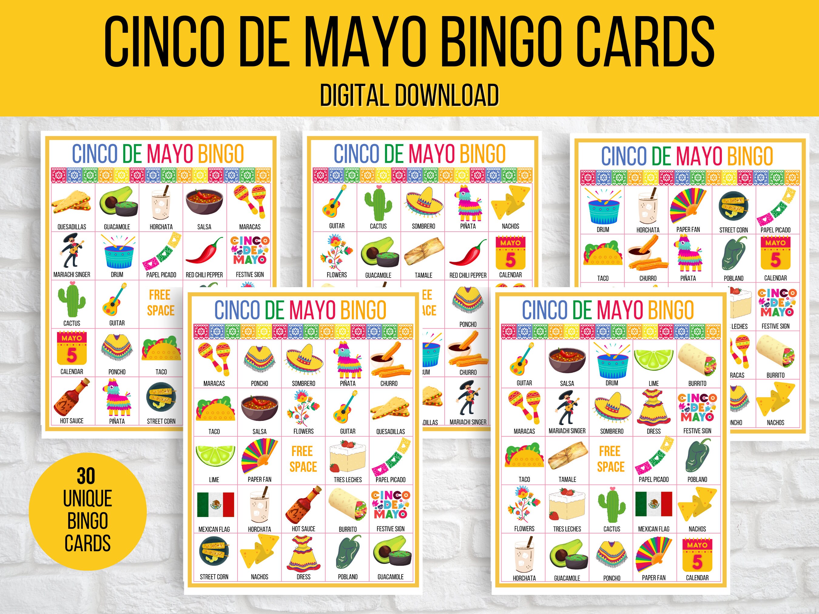 Cinco De Mayo Bingo 30 Printable Cinco De Mayo Bingo Cards - Etsy
