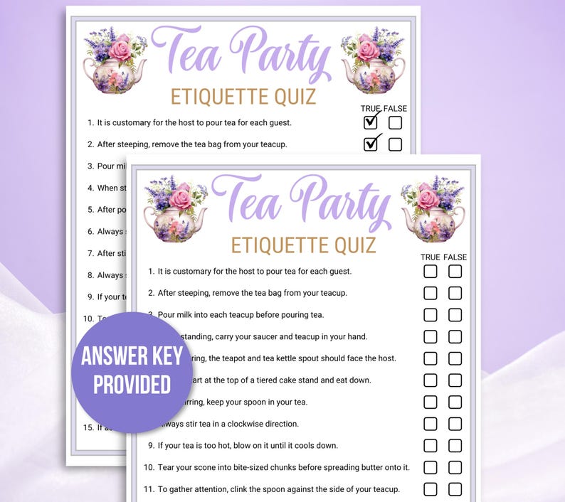 Tea Party Etiquette Game, Tea Party Quiz, Tea Etiquette Game, Tea Party ...