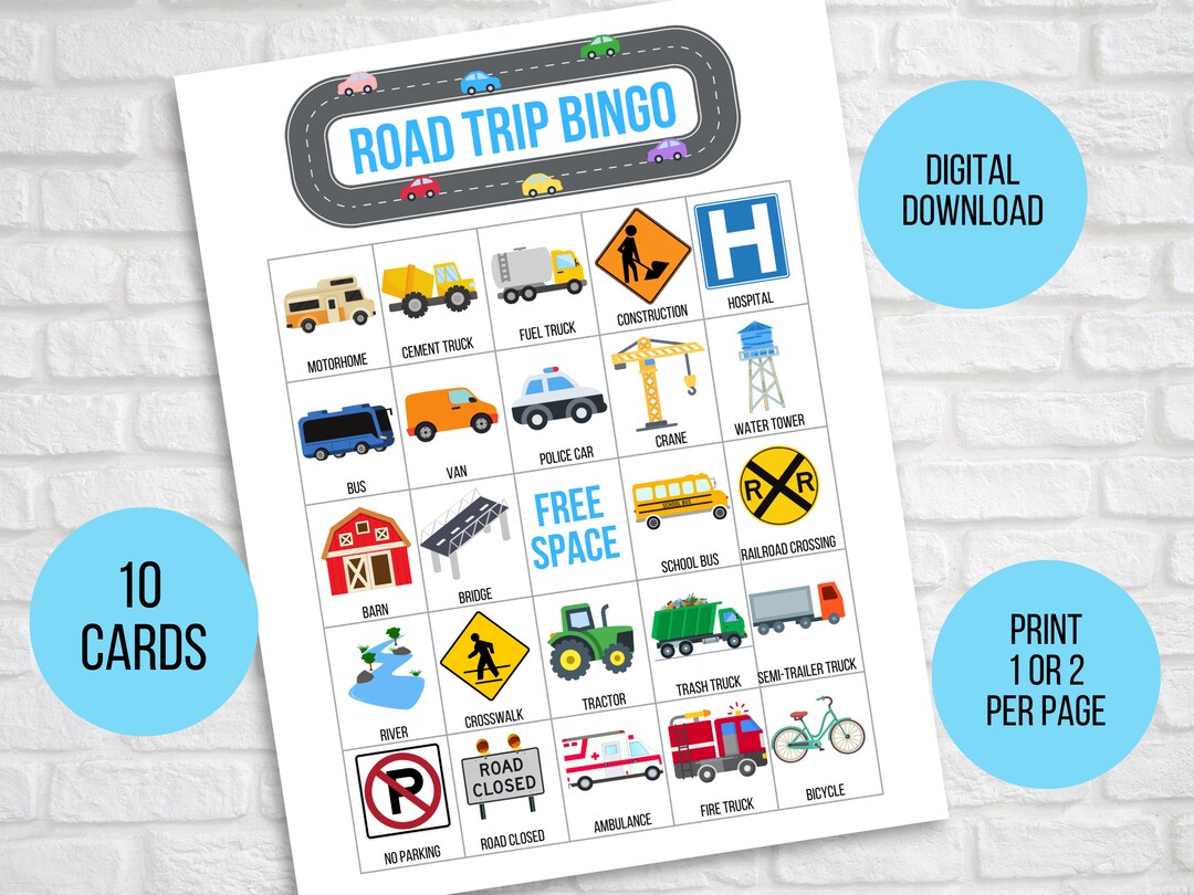 Road Trip Bingo 10 Printable Road Trip Bingo Cards Family - Etsy