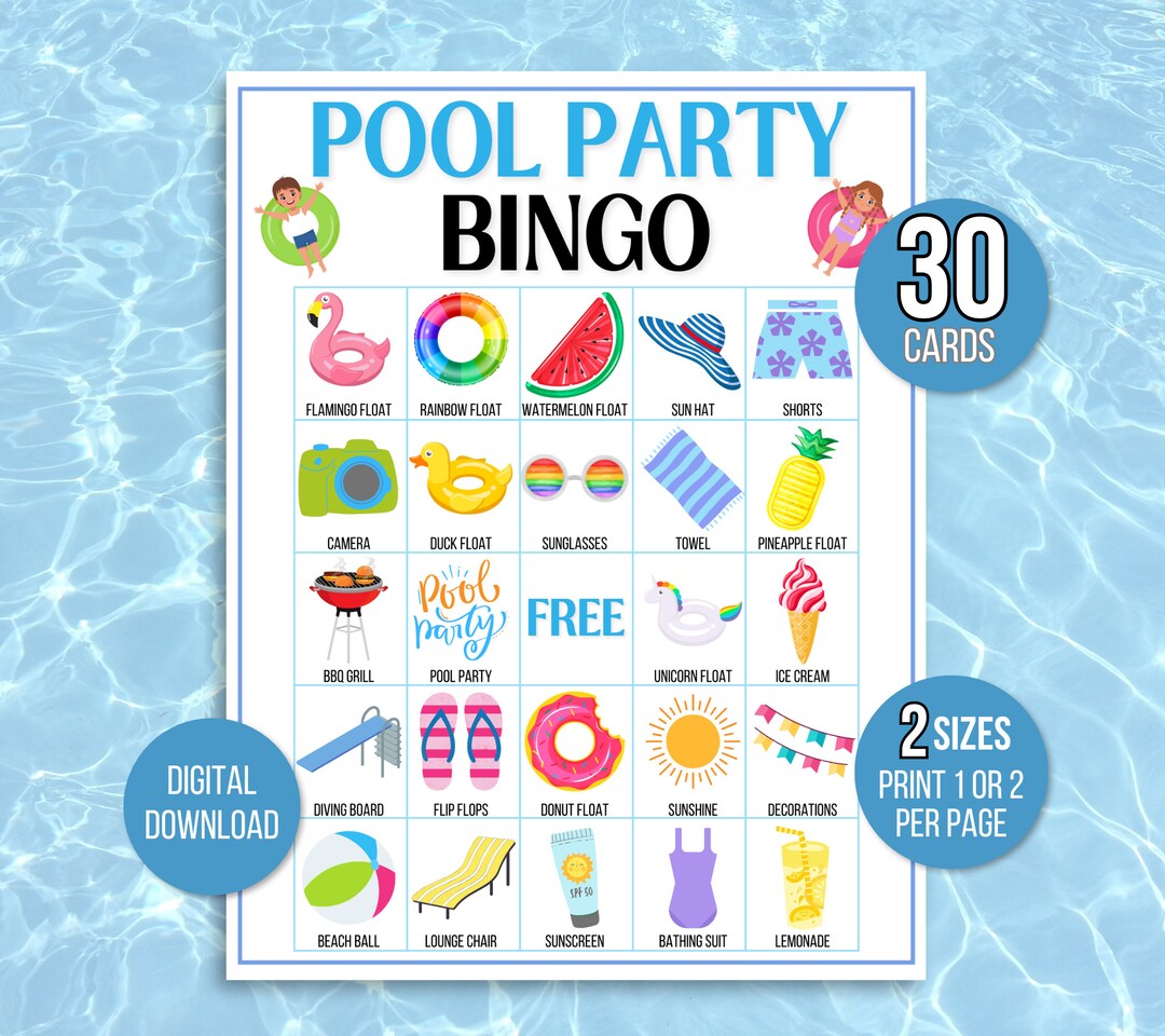 Pool Party Bingo, 30 Unique Printable Pool Bingo Cards, Pool Party Game ...