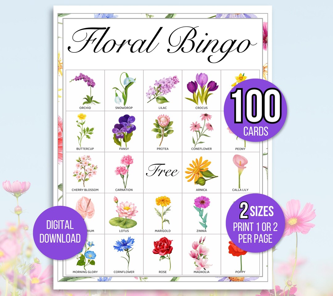 Flower Bingo, Spring Bingo, Garden Bingo, 100 Printable Flower Bingo ...