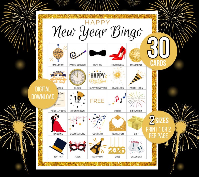 New Year's Bingo, 30 Happy New Year's Eve Bingo Cards, New Year's ...