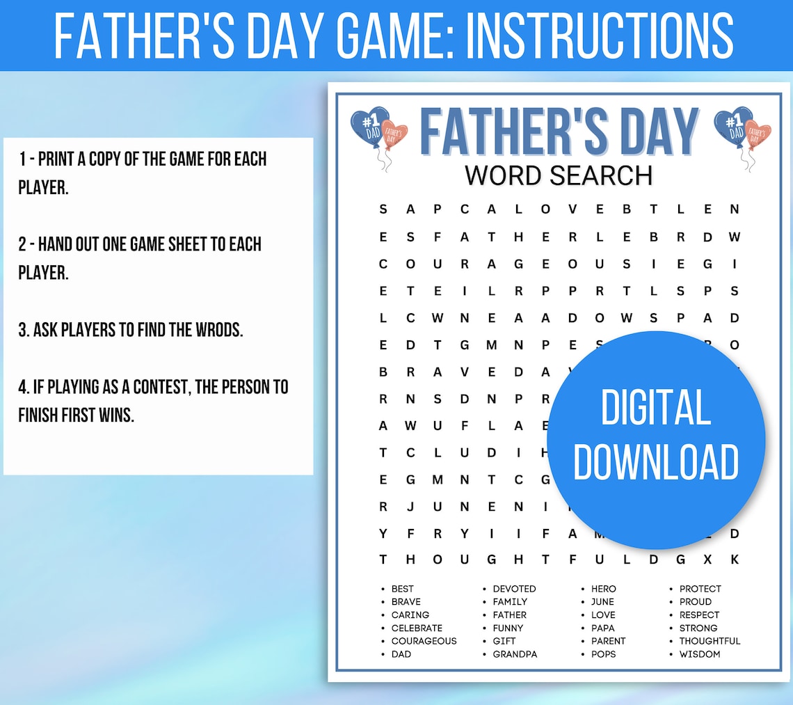 Father's Day Word Search, Printable Father's Day Game, Father's Day ...
