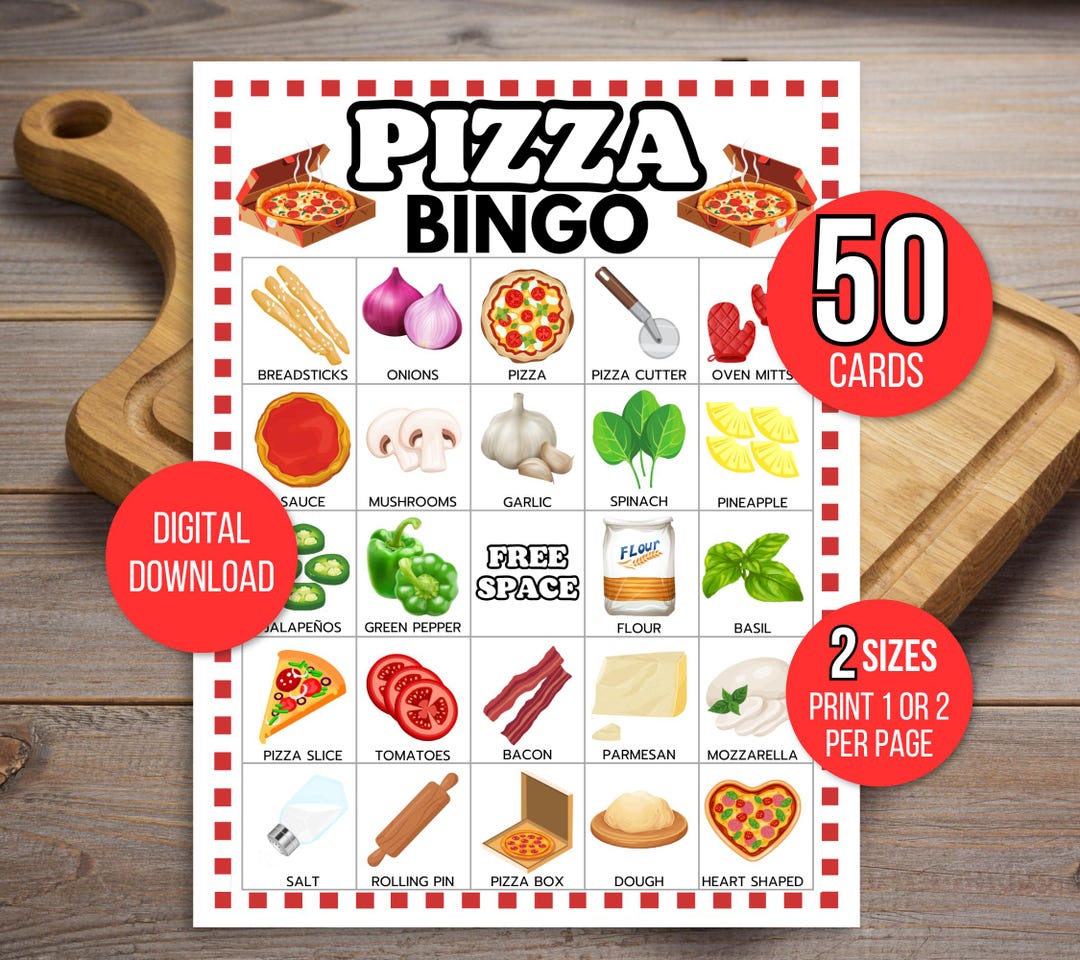 Pizza Bingo, Pizza Party Bingo, 50 Printable Pizza Bingo Cards, Pizza ...