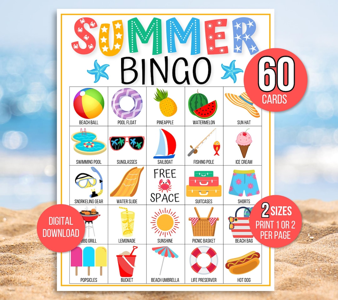 Summer Bingo, 60 Summer Bingo Cards, Summer Game, Summer Activity, Kid ...