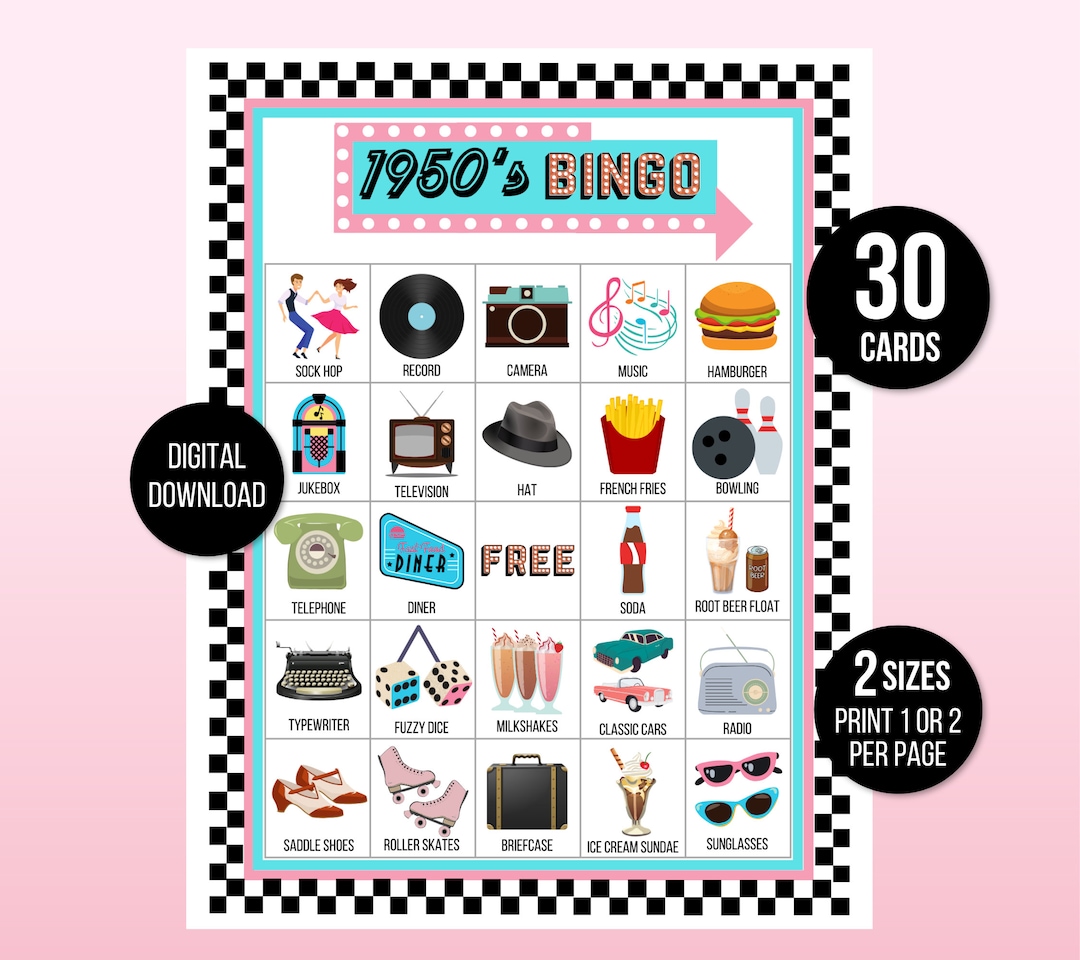 50s Bingo, 1950s Bingo, 30 Printable 1950s Bingo Cards, 50s Game, 50s ...