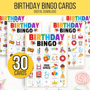 Birthday Bingo, 30 Birthday Party Bingo Cards, Birthday Game, Happy Birthday Bingo Board Game ...