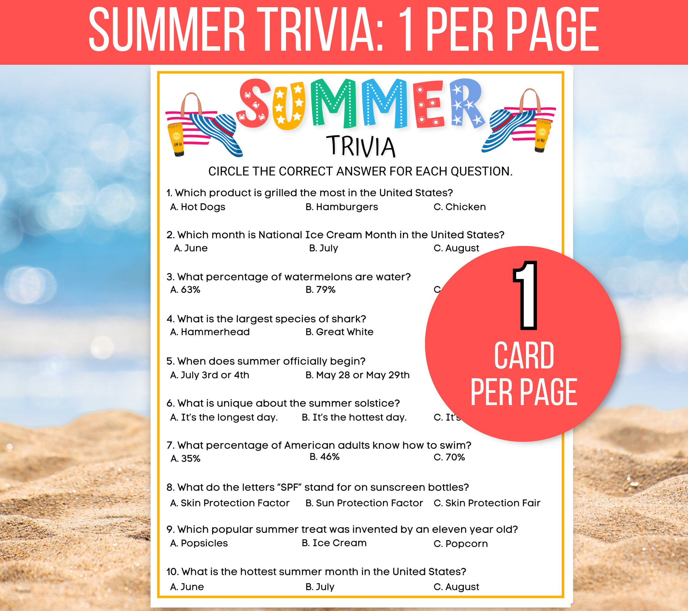Summer Trivia Game, Summer Trivia Quiz, Printable Summer Game, Summer ...