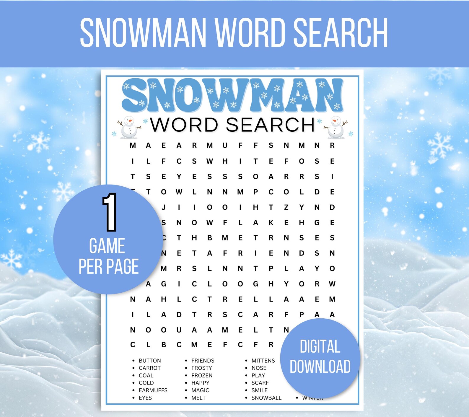 Snowman Word Search, Fun Snowman Game, Printable Snowman Game, Snowman ...