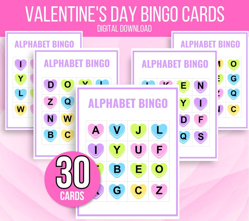 Valentine's Day Bingo, 30 Valentines Day Bingo Game Cards, Valentines ...