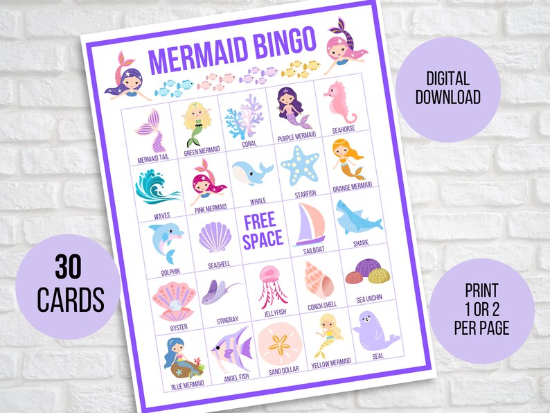 Mermaid Bingo 30 Unique Printable Mermaid Bingo Cards - Etsy