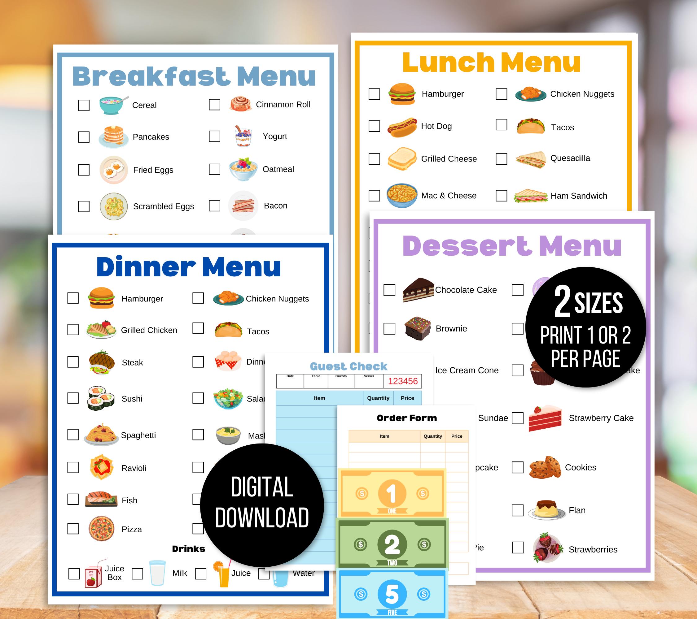 Pretend Play Menus, Pretend Restaurant Menus, Kids Play Menus, Kitchen ...