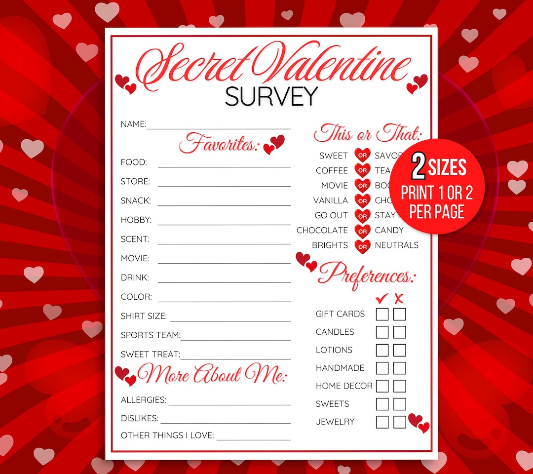 Secret Valentine Survey, Secret Valentine Gift Exchange, Printable ...