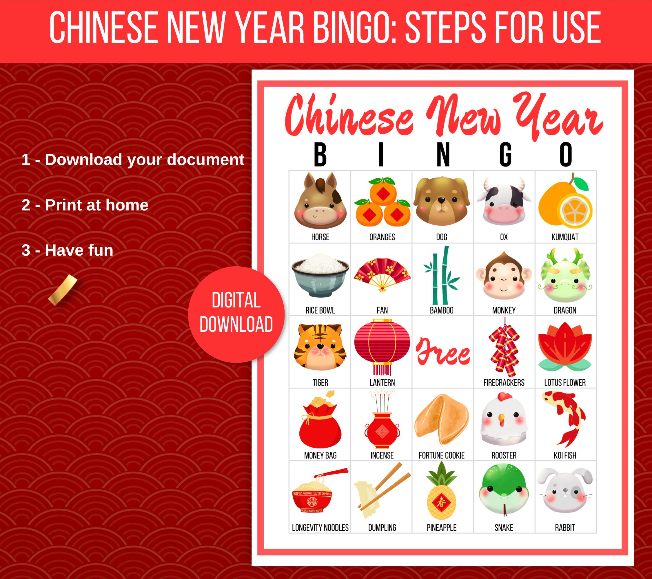 Chinese New Year Bingo, 30 Chinese New Year Bingo Cards, Chinese New ...