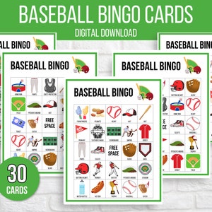 Baseball Bingo, 30 Unique Printable Baseball Bingo Cards, Baseball Game ...