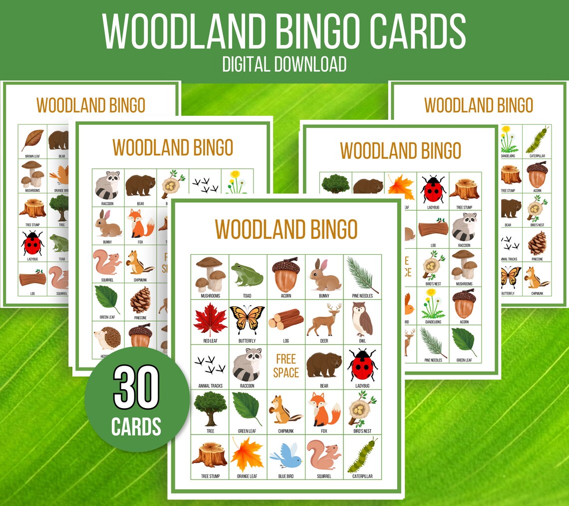 Woodland Bingo, 30 Printable Woodland Bingo Cards, Woodland Party Game ...